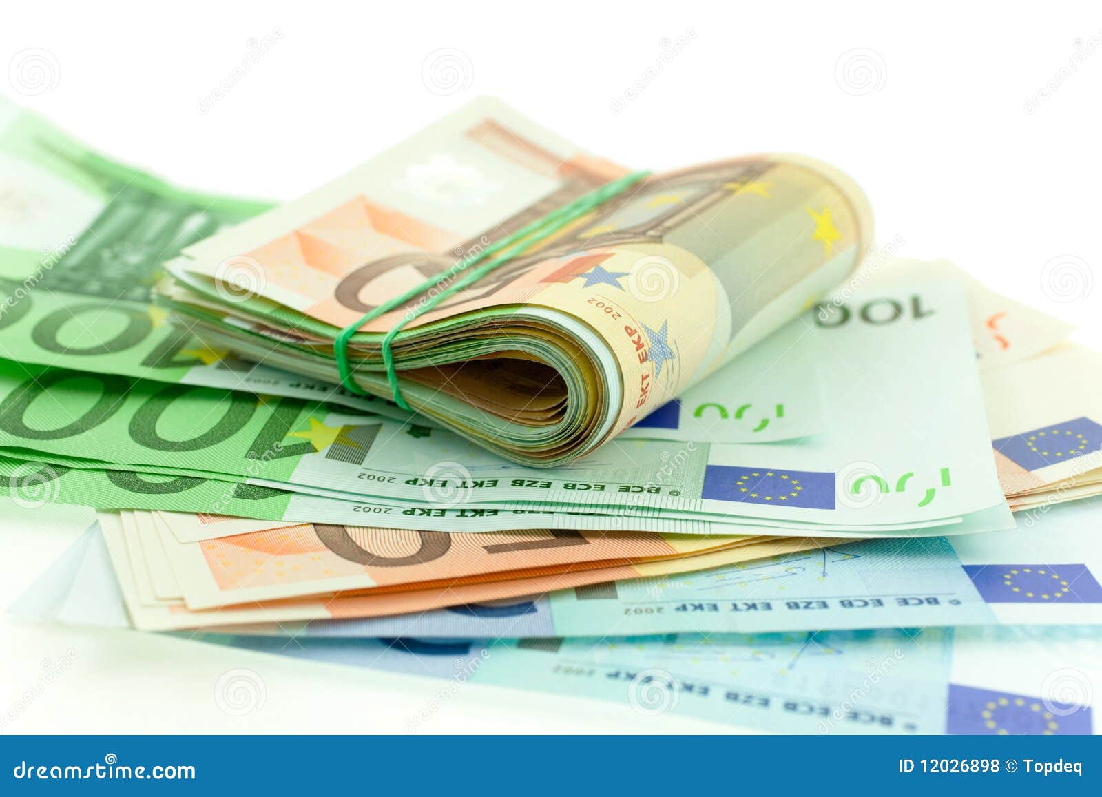 Rolled with Rubber Euro Notes on White Background Stock Photo - Image ...
