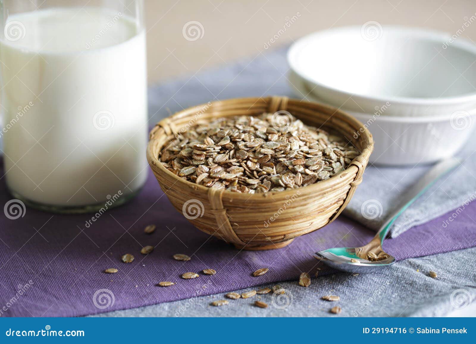 Rolled Rye Oats with Milk and Bowls for Breakfast Stock Photo - Image ...