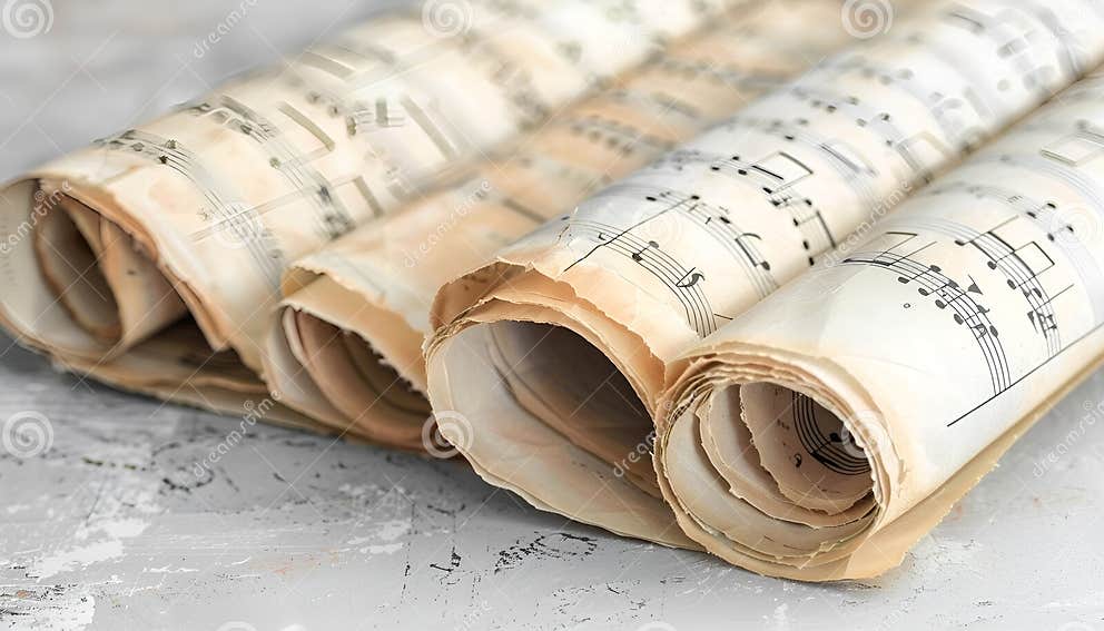 Rolled Sheets with Music Notes on Light Background, Closeup Stock Photo ...