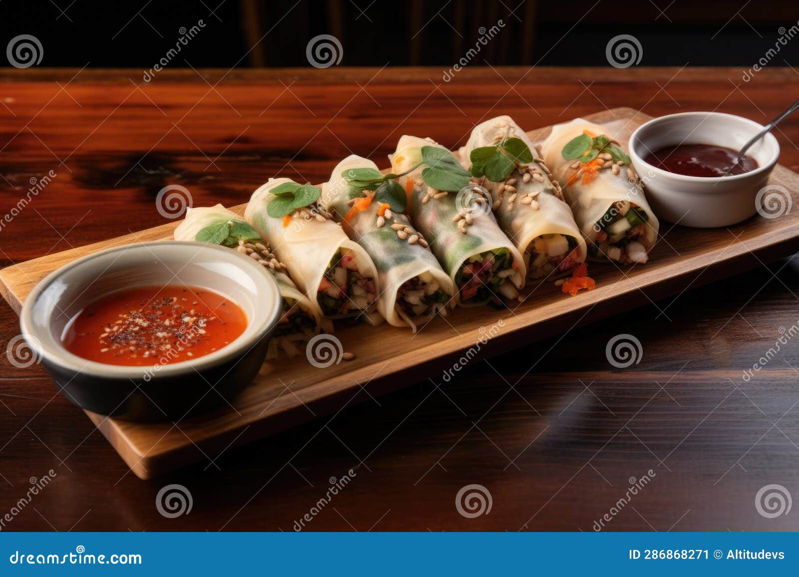 Rolled Spring Rolls on a Tray with Dipping Sauce Stock Image - Image of ...