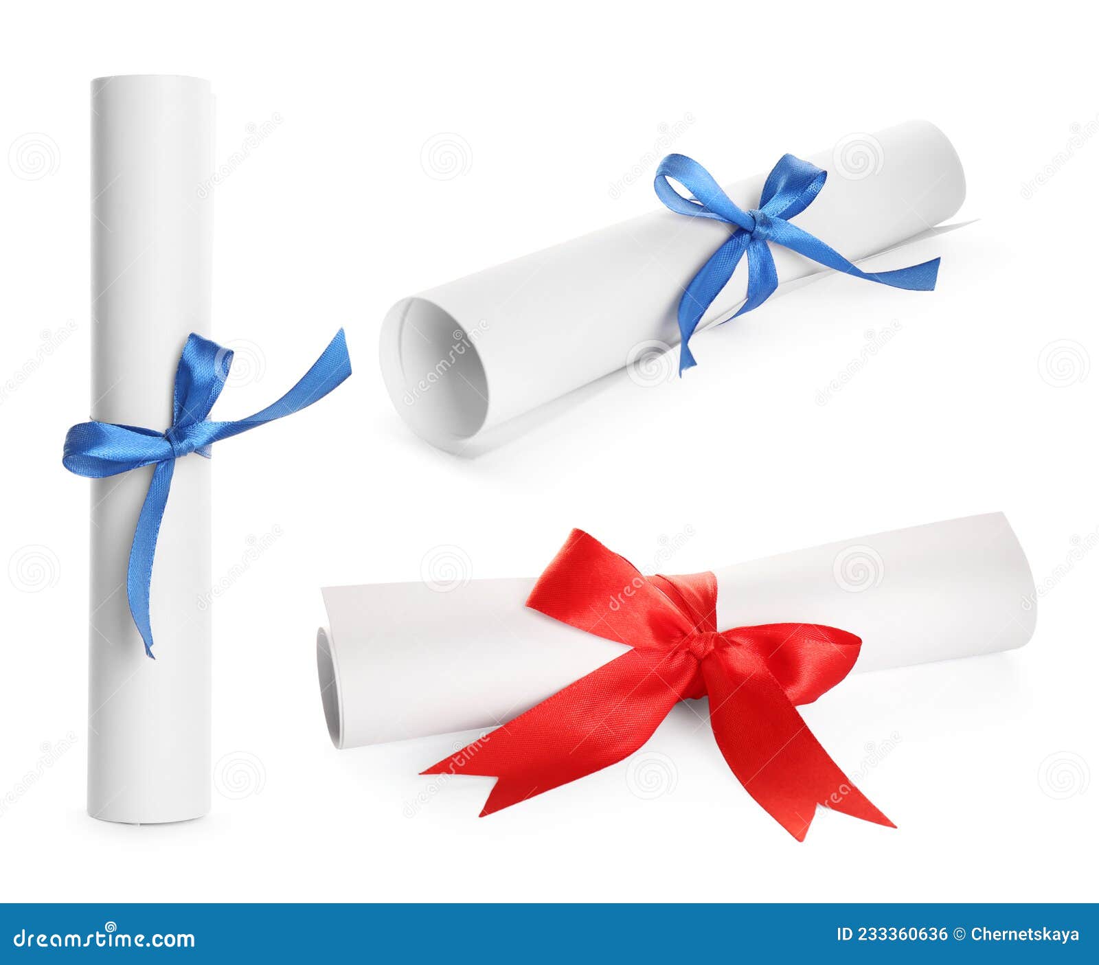 Rolled Student`s Diplomas With Blue And Red Ribbons On White Background ...