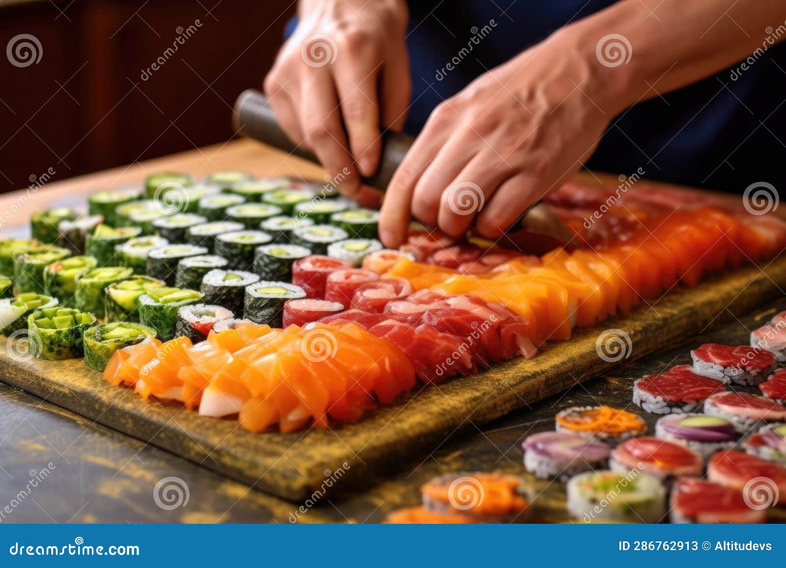 Rolled Sushi Being Sliced on a Board Stock Illustration - Illustration ...