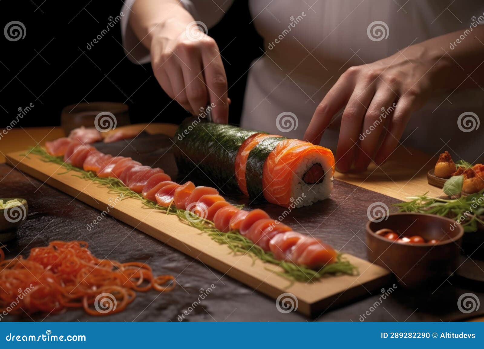 Rolled Sushi Being Sliced on a Board Stock Illustration - Illustration ...