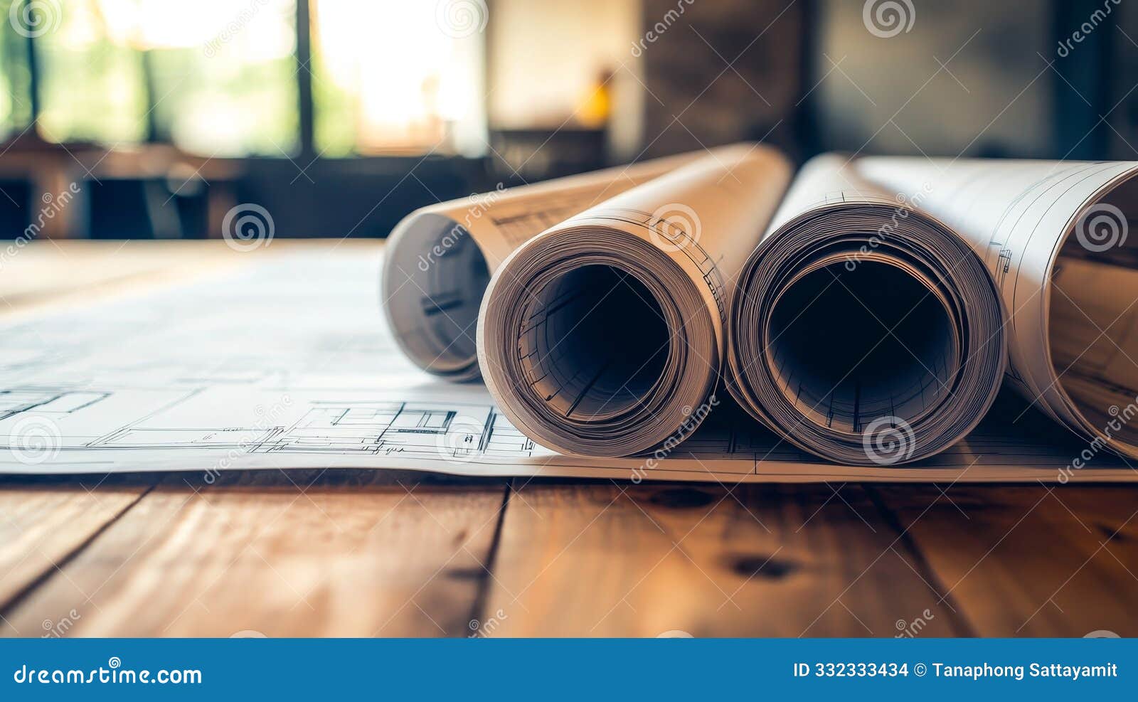 Rolledup Architectural Blueprints on a Wooden Table the Blueprints ...