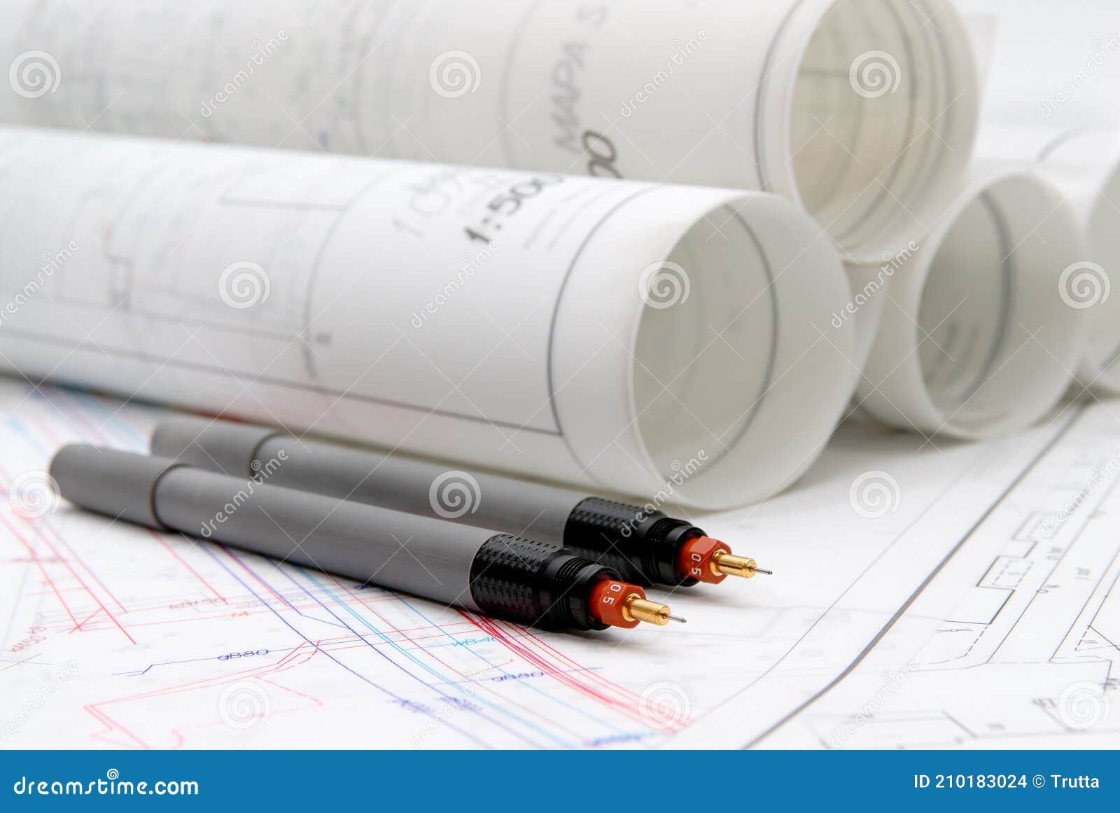 Rolled-up Architectural Plans and Drawing Tools Stock Photo - Image of ...