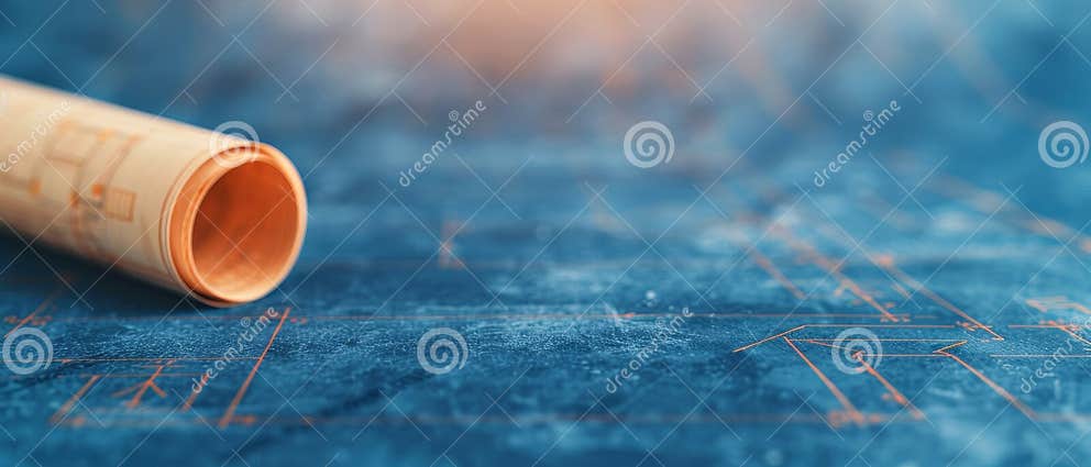 Rolled Up Blueprint on a Blue Surface with Soft Blurred Background ...