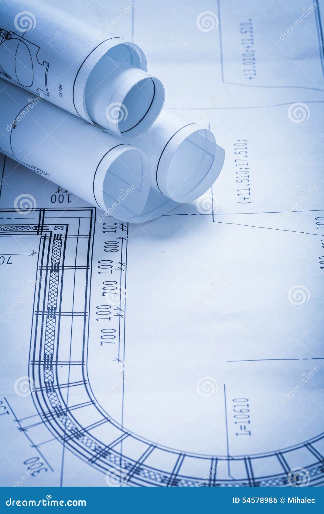 Rolled Up Construction Drawings Building and Stock Photo - Image of ...