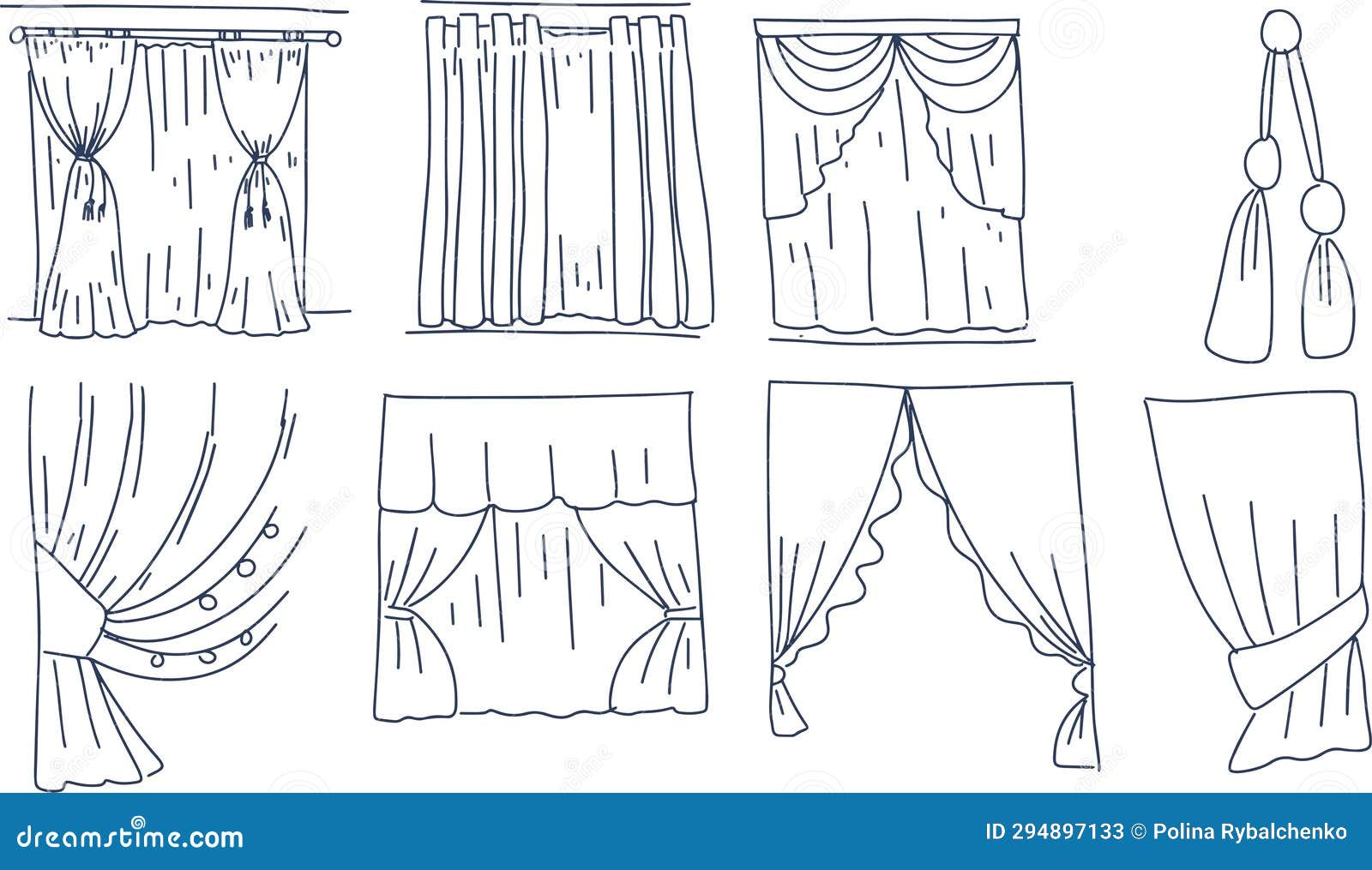 Roller Blinds, Tulle Interior Elements Drawn by Hand Sketch Doodle Set ...