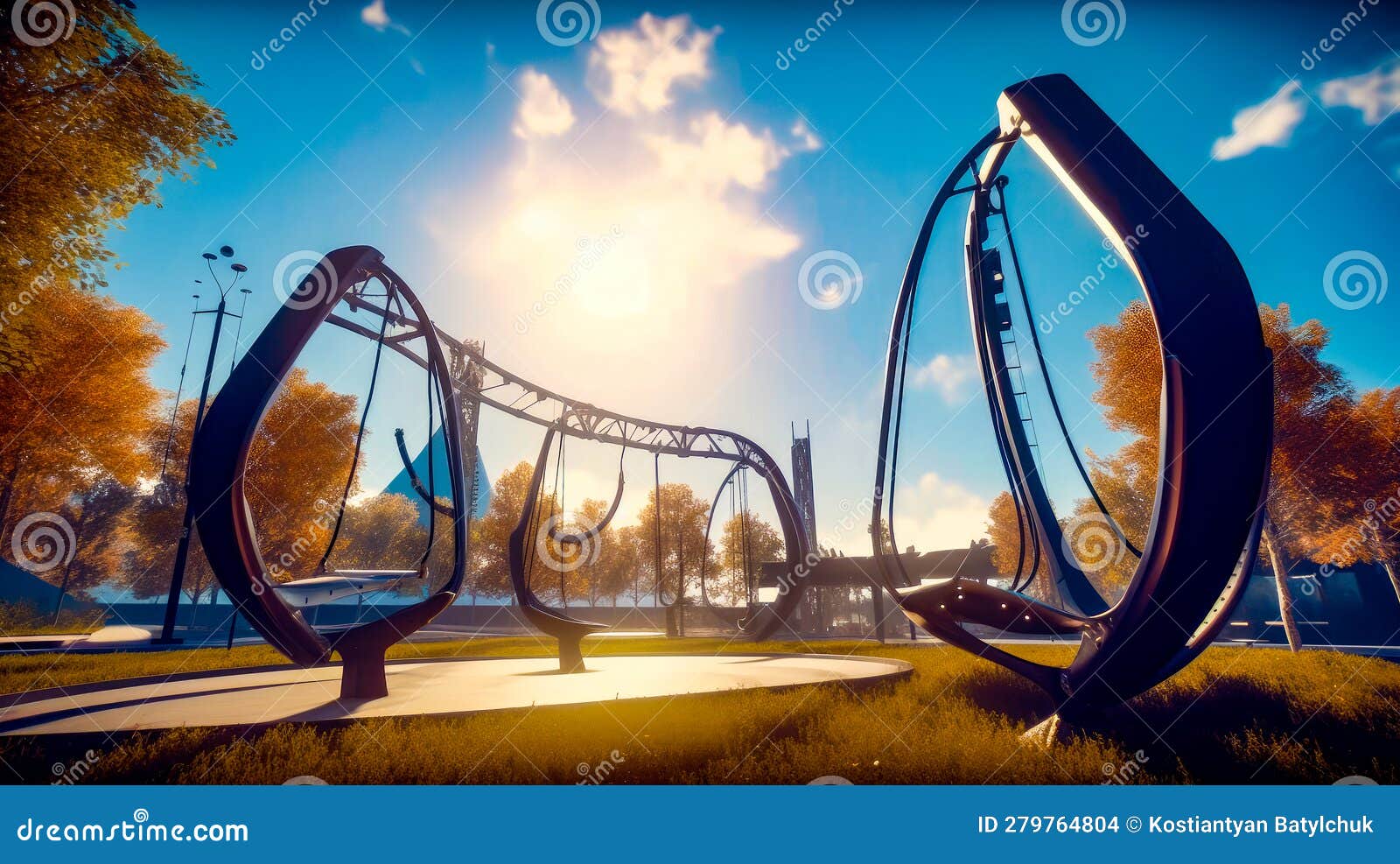Roller Coaster in the Middle of Park with the Sun in the Background ...
