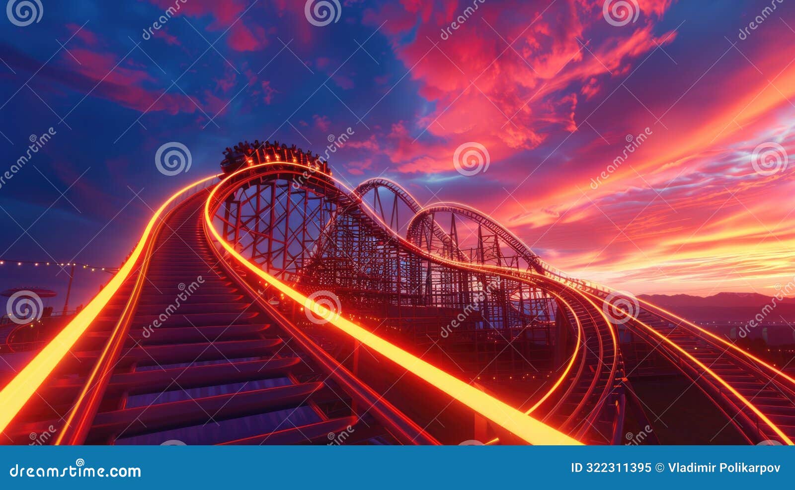 A Roller Coaster Ride Going Down a Track at Sunset with Vibrant Colors ...