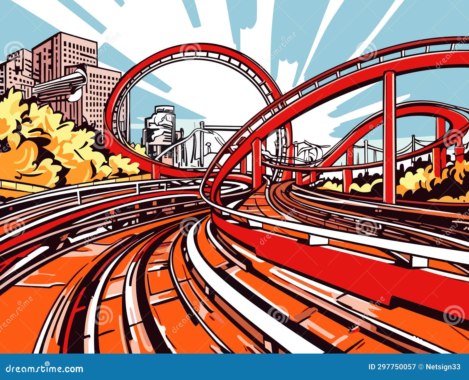 A Roller Coaster Track with Trees and Buildings in the Background - Red ...