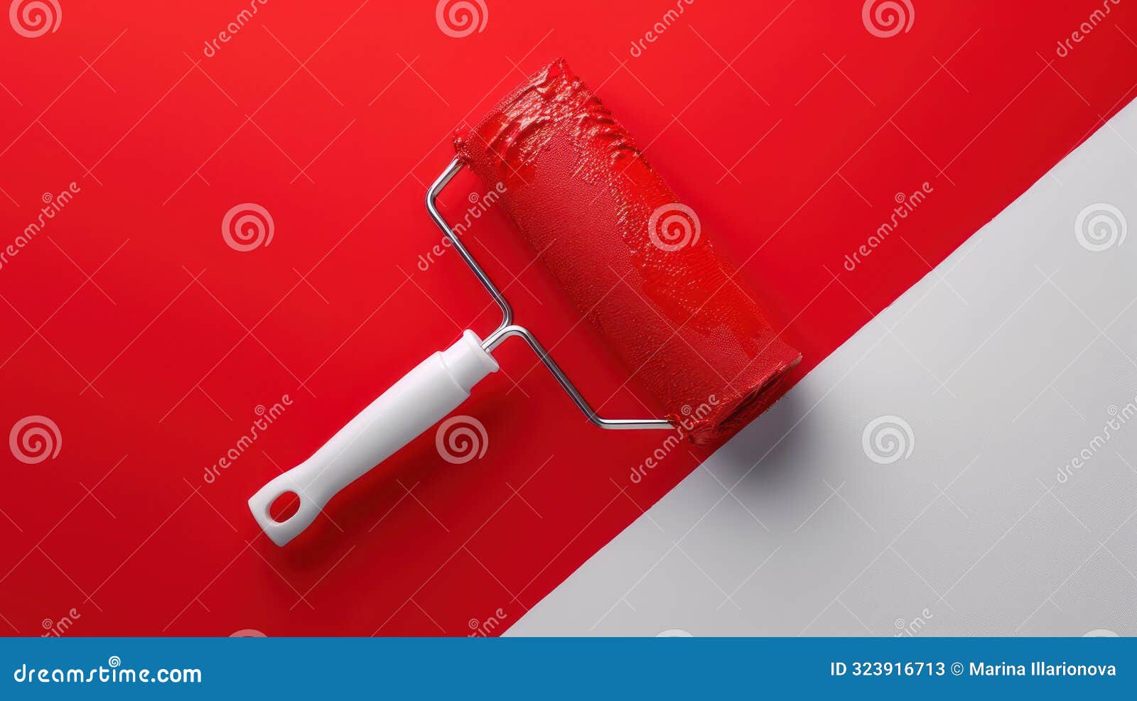 Roller in Red Paint and White Wall, Diagonal Line Border of Two Colors ...