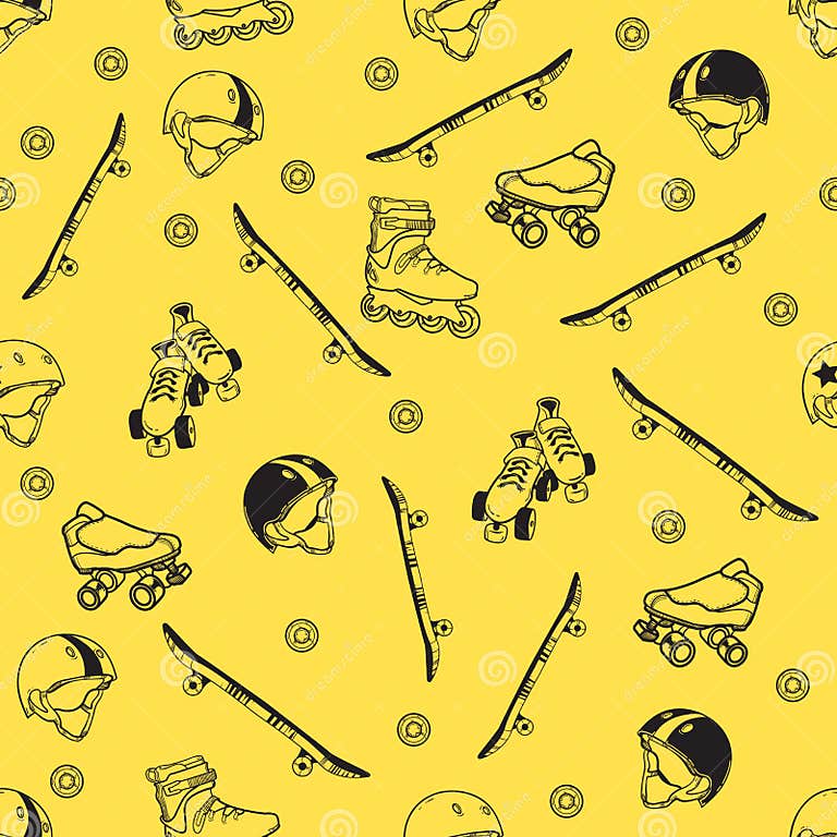 Roller Skate Pattern with Helmets, Skates, Roller Stock Illustration ...