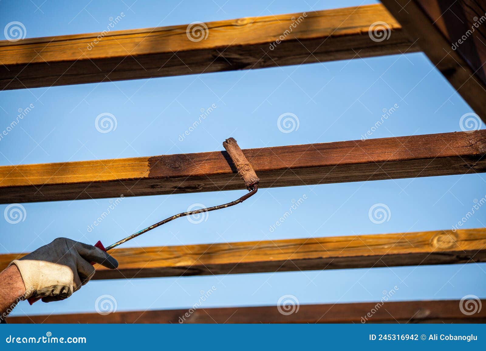 Roller with Wood Painting Work. Dark Walnut Wood Paint Stock Photo ...