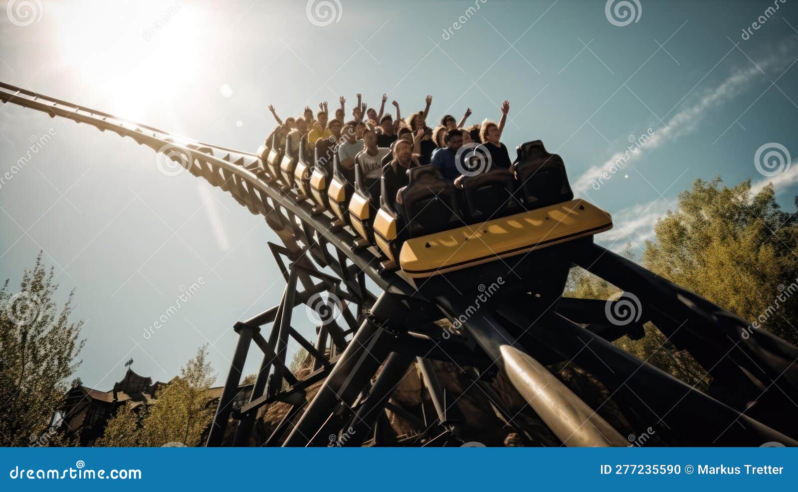 A Rollercoaster Plummeting Down A Steep Drop The Riders Screaming In ...