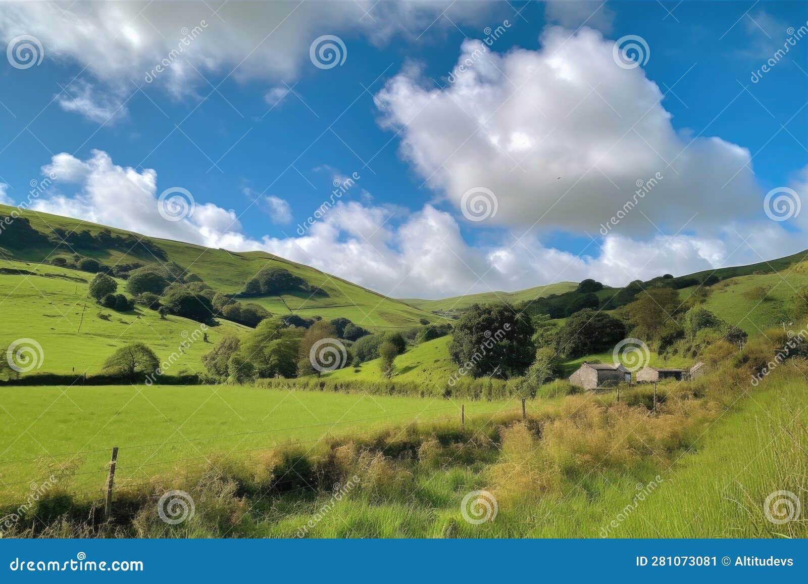 Rollinf Countryside Hills with a Clear Blue Sky, Surrounded by Fluffy ...