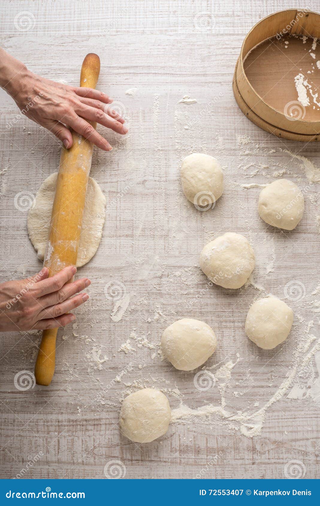Rolling Ball of Dough, Rolling Pin, Sieve Flour Stock Image - Image of ...