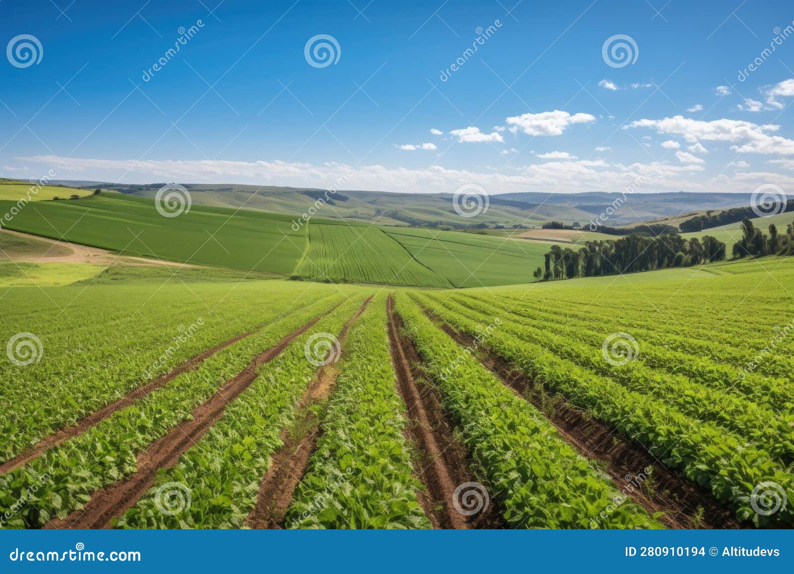 Rolling Countryside Hills with Rows of Crops and a Blue Sky Stock Photo ...