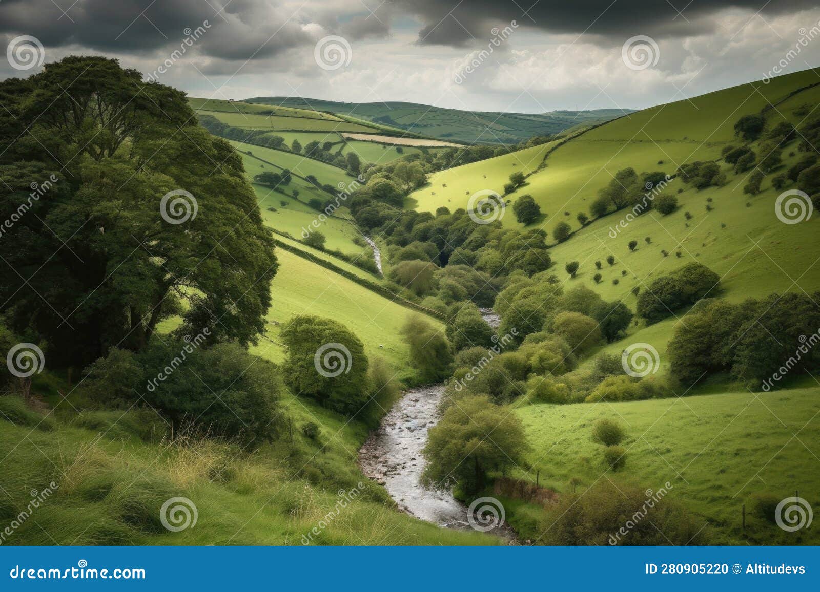 Rolling Countryside Hills, with Winding Stream and Towering Trees Stock ...