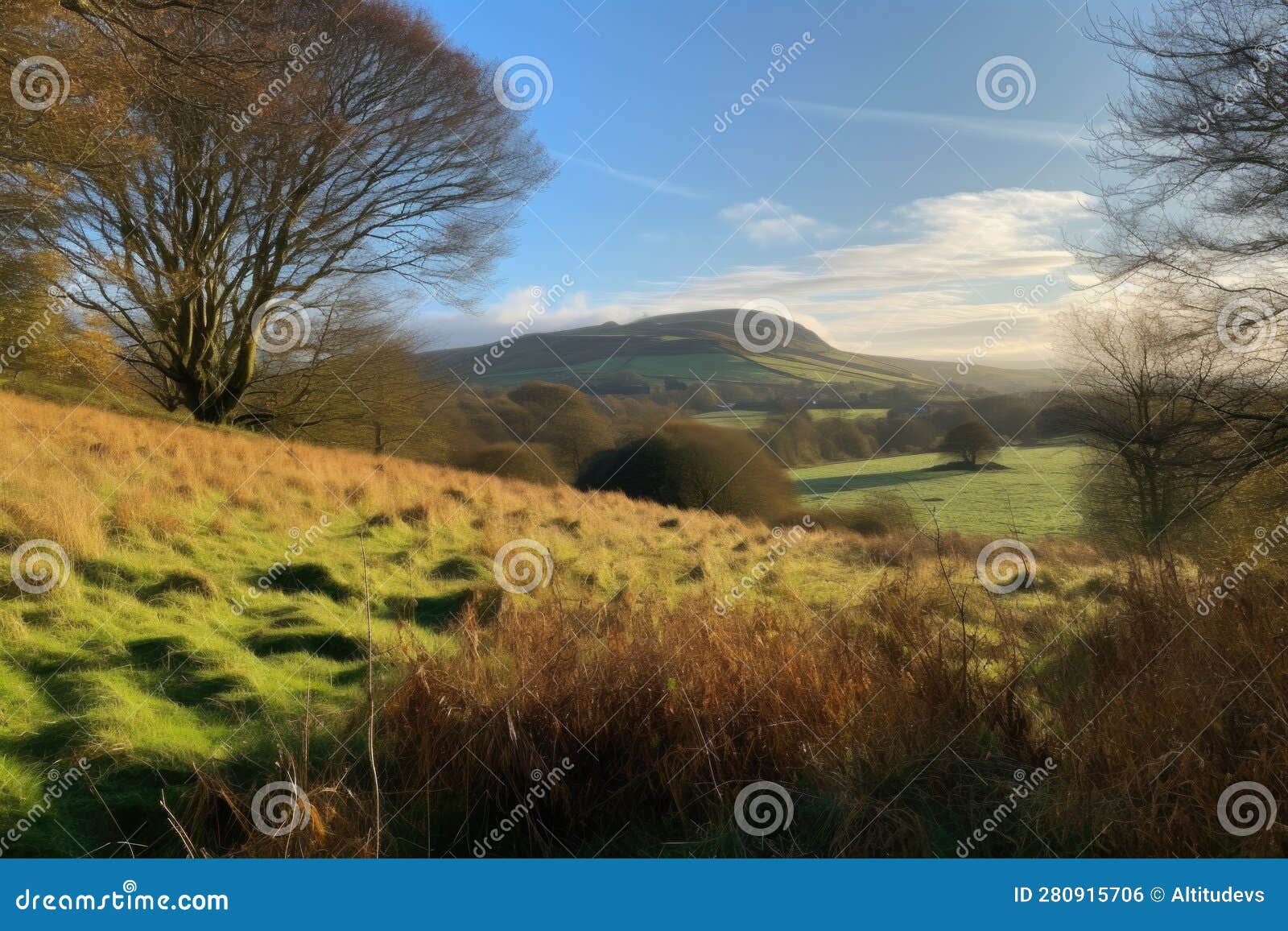 Rolling Countryside Hillscape with a Clear Blue Sky, and the Sun ...