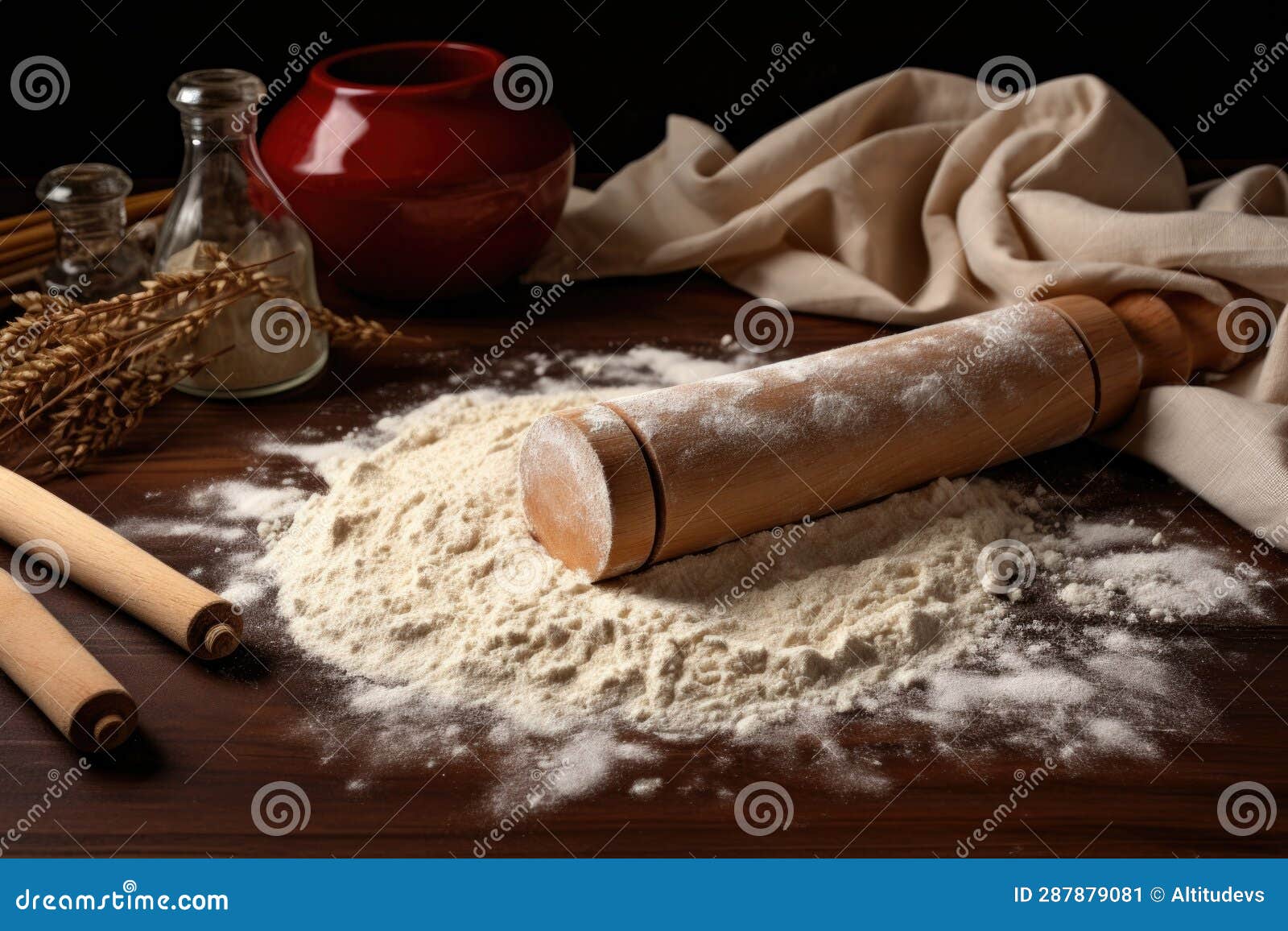 Rolling Dough with a Wooden Rolling Pin on Floured Surface Stock ...