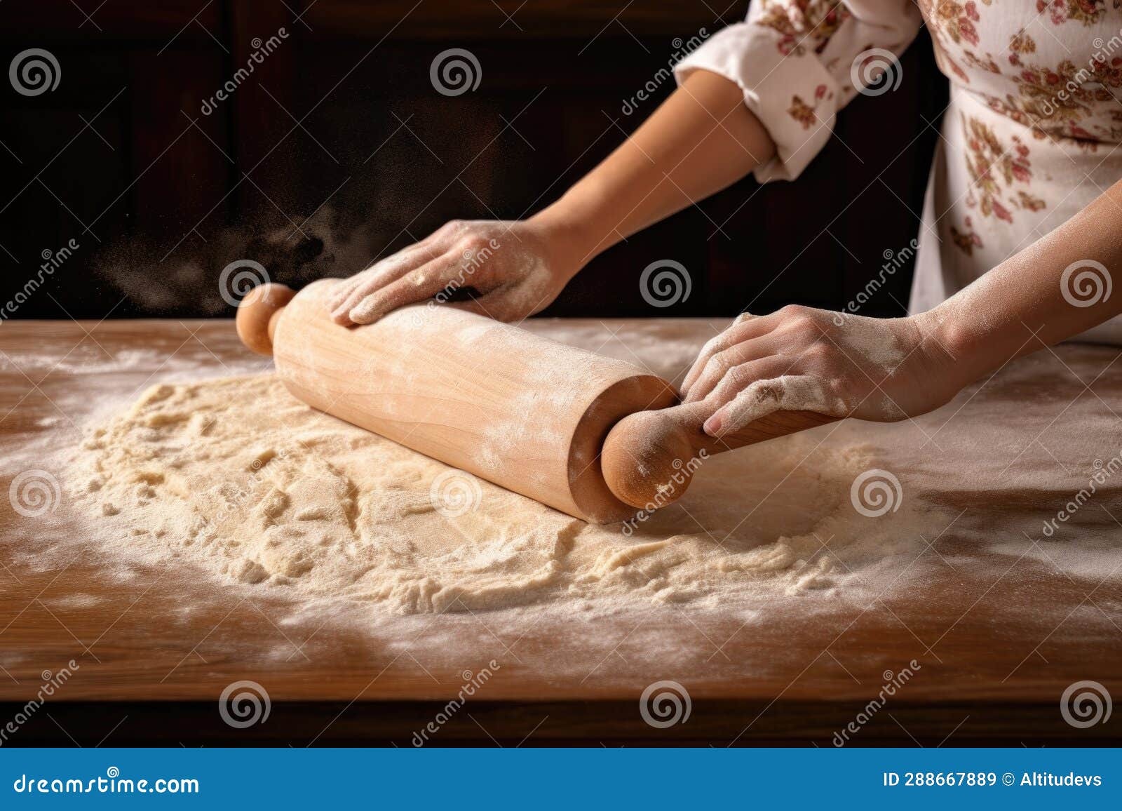 Rolling Dough with a Wooden Rolling Pin on Floured Surface Stock Image ...