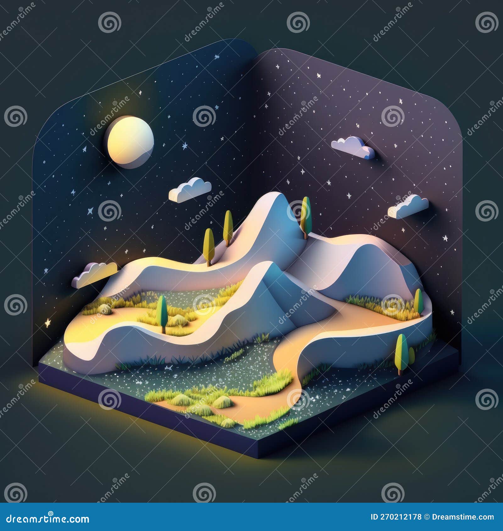 Rolling Hills and Starry Skies, Isometric Low Poly View AI Generation ...