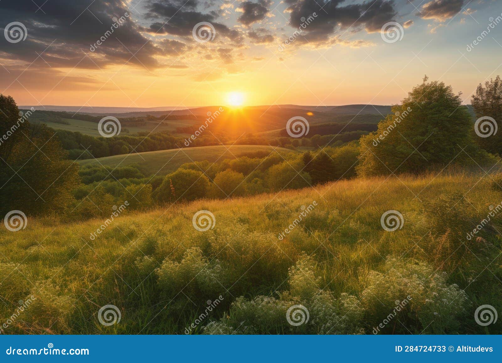 Rolling Hills with a View of the Setting Sun, Casting Golden Rays ...