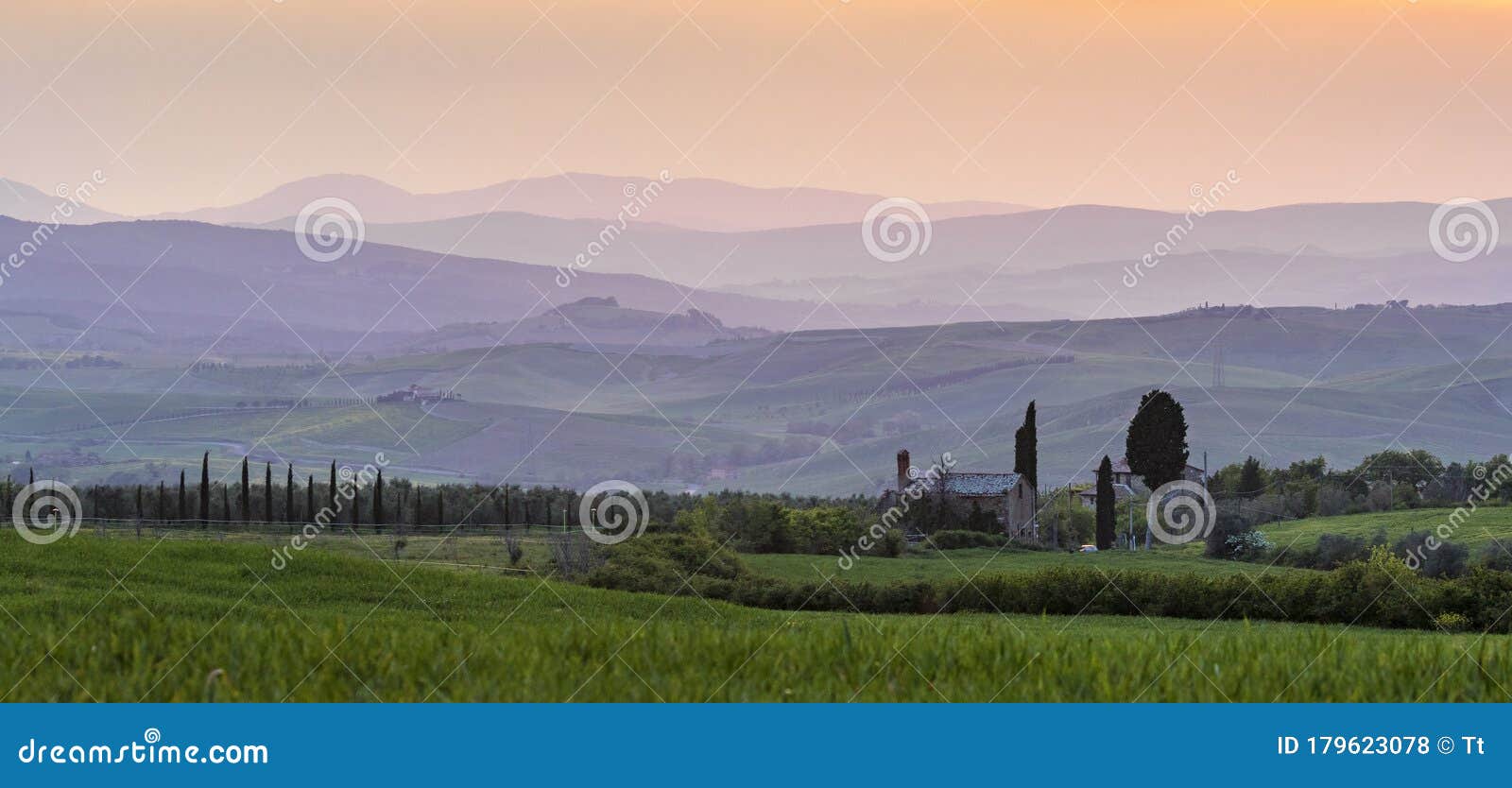 Rolling Landscape in the Sunset with a Farm Stock Photo - Image of ...