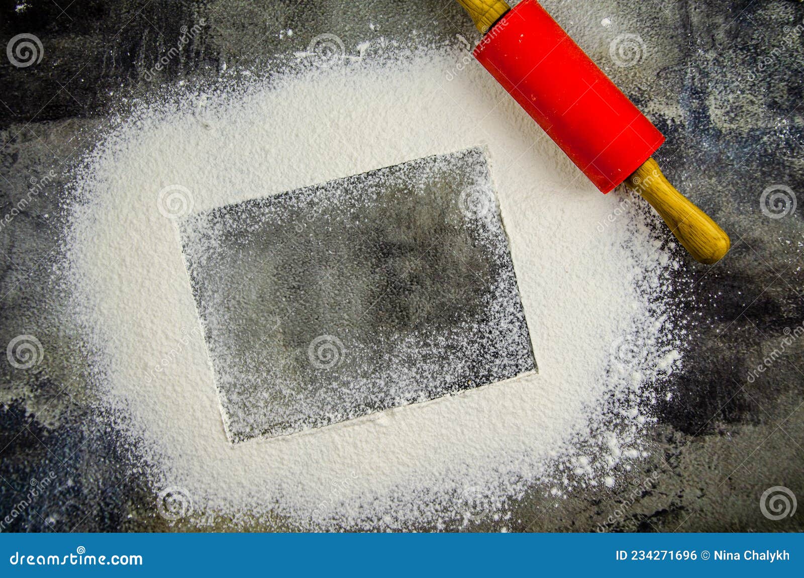 Rolling Pin and Scattered Flour in Form of Frame on Concrete Background ...