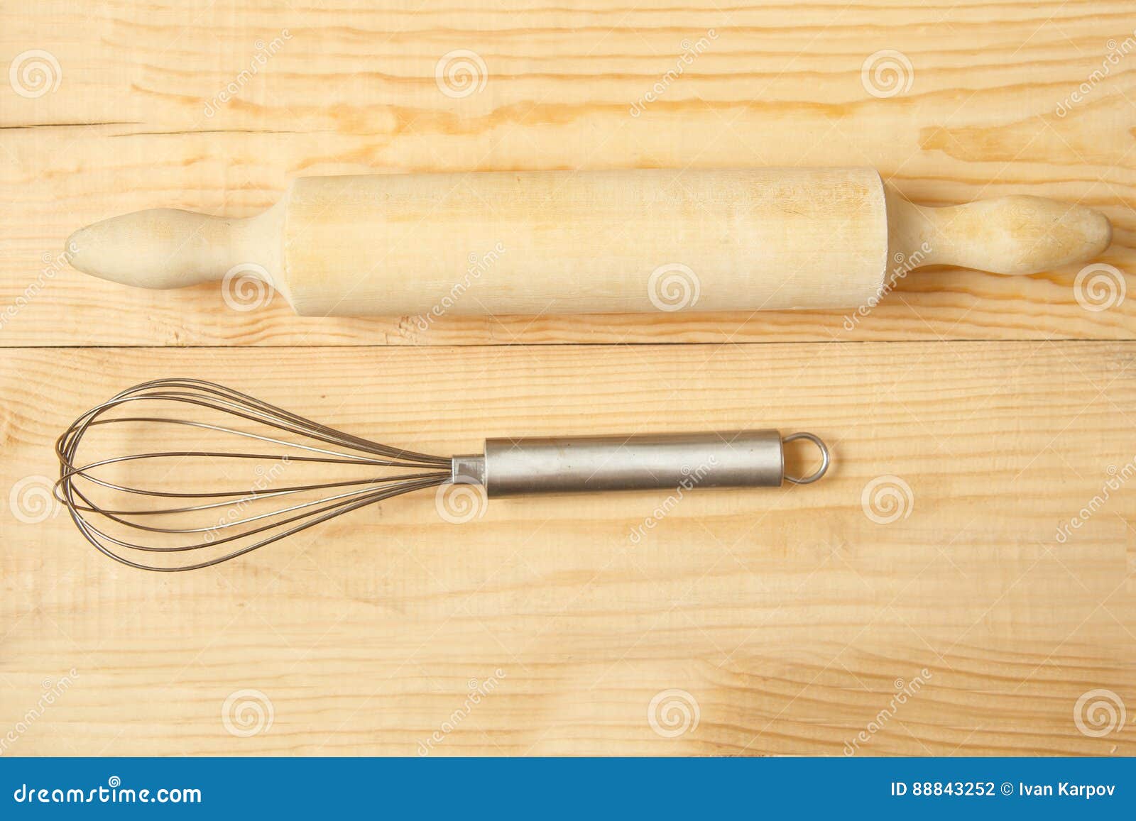 Rolling Pin and Whisk on Wooden Stock Photo - Image of closeup ...