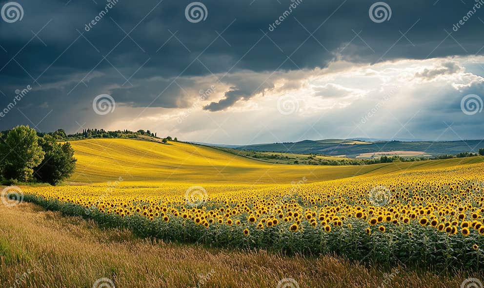 Rolling Sunflower Fields Under Dramatic Skies, Golden Waves Stock Image ...