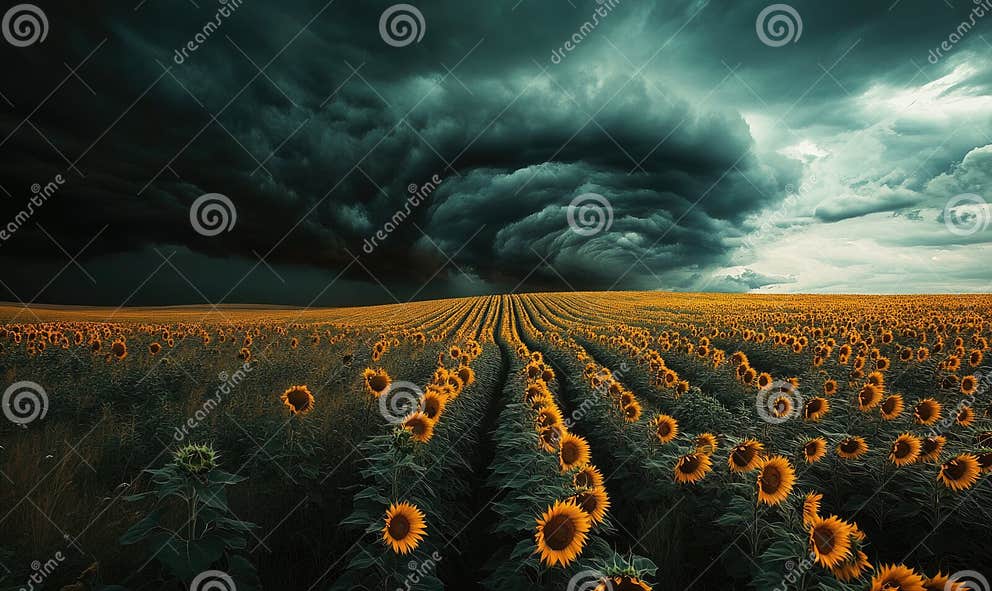 Rolling Sunflower Fields Under Dramatic Skies, Golden Waves Stock Photo ...