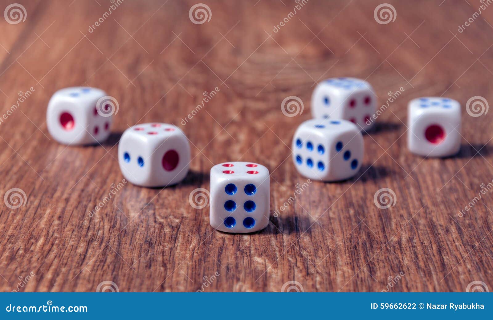 Rolling Three Dice on a Wooden Desk Stock Photo - Image of colors ...