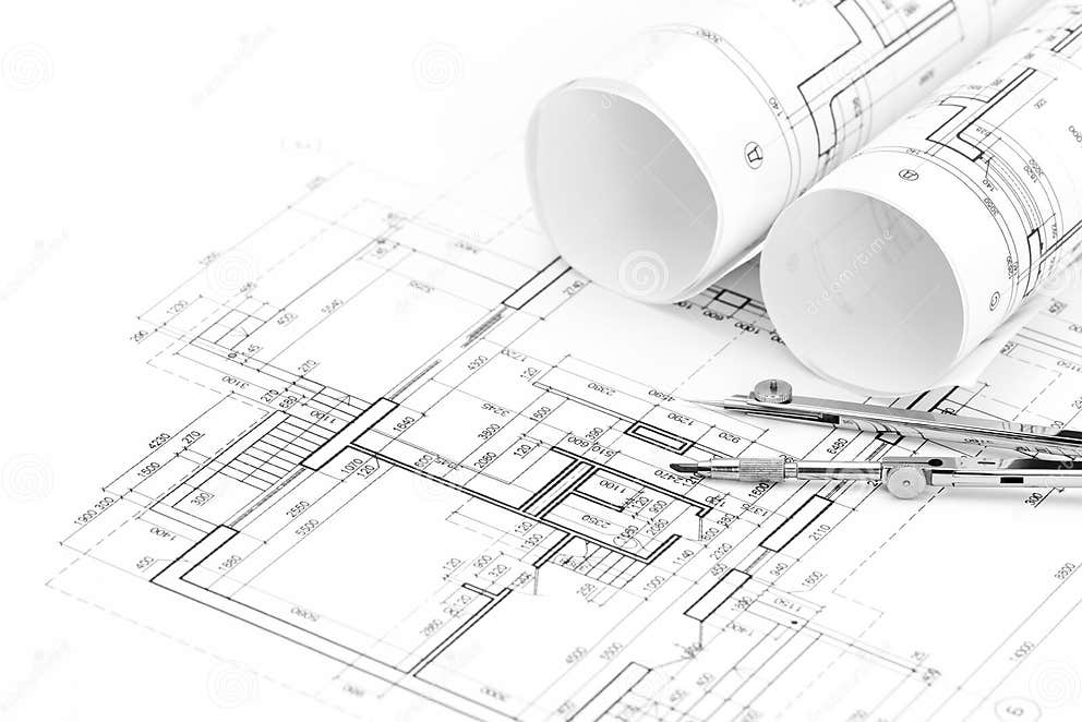 Rolls of Architectural Blueprints and Floor Plan with Drawing Compass ...