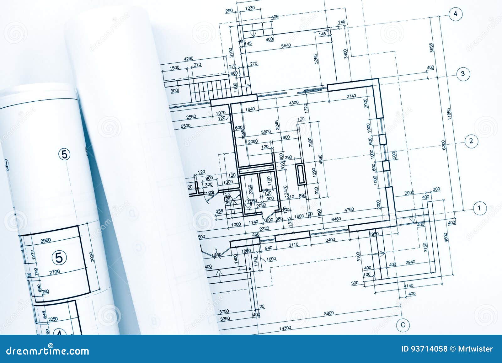 Rolls of Architectural Blueprints on Technical Plan of House Stock ...