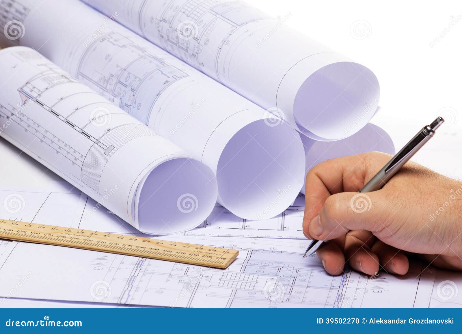 Rolls of Architectural House Plans Stock Photo - Image of architect ...