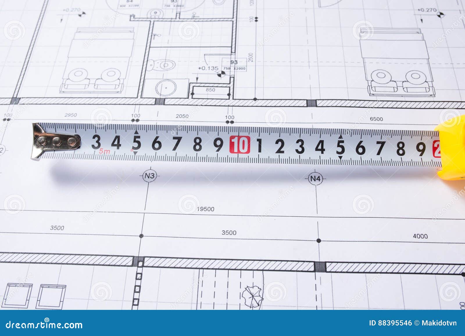 Rolls of Architectural House Plans & Tape Measure Stock Photo - Image ...