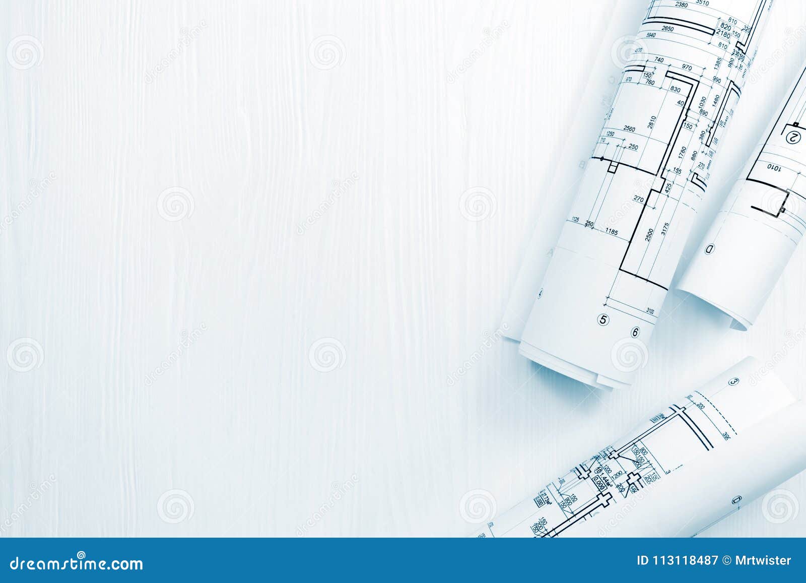 Architect Workspace With Floor Plan, Blueprint Roll And Pencil Stock ...