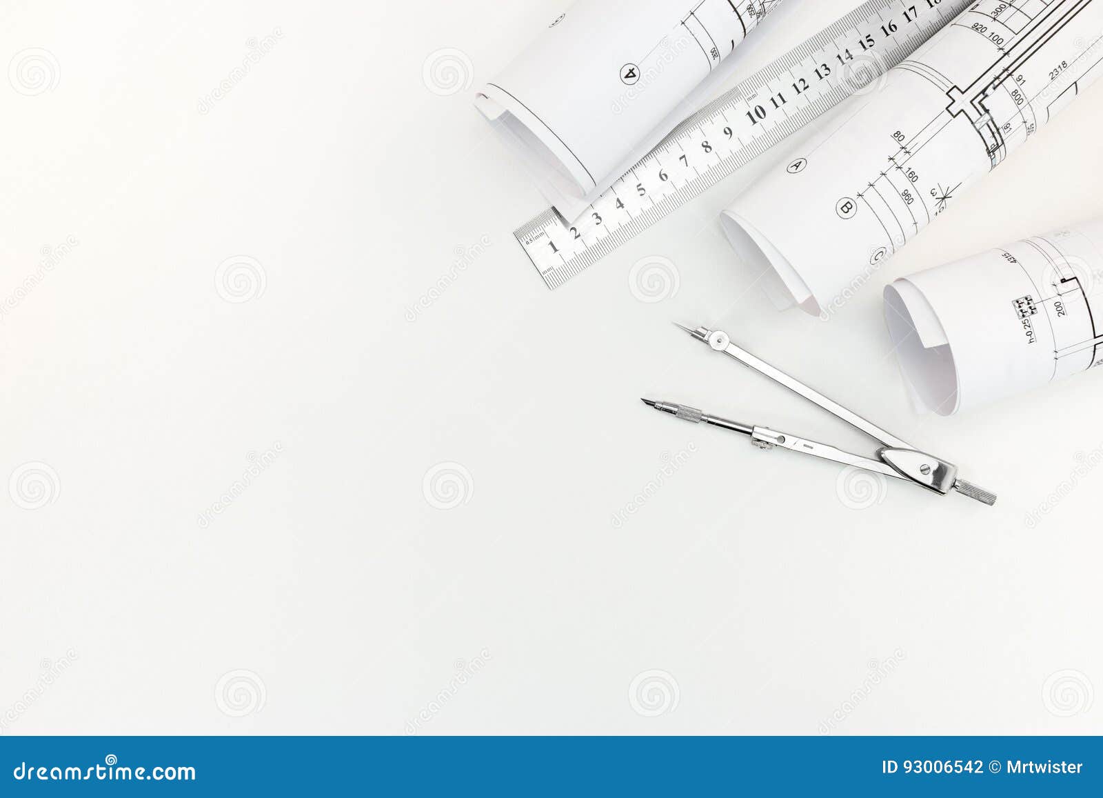 Rolls with Architectural Plans and Schemes with Drawing Compass Stock ...