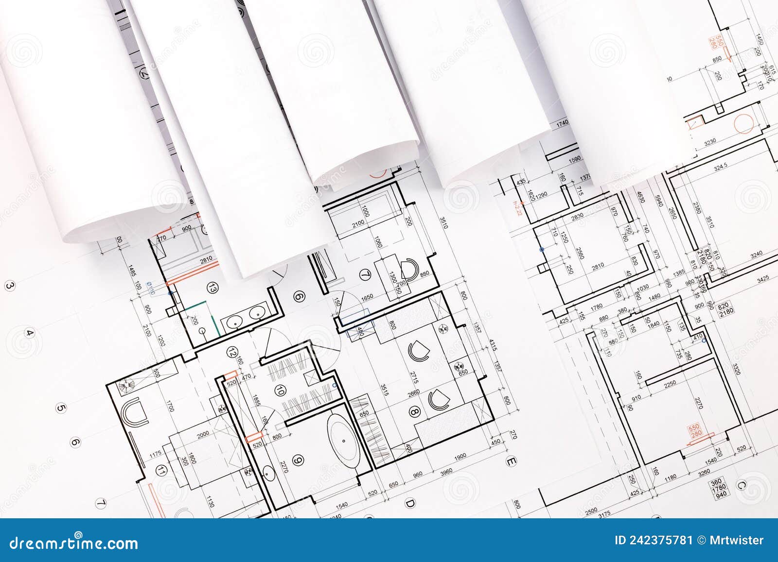 Rolls of Architecture Blueprints and House Plan Stock Image - Image of ...