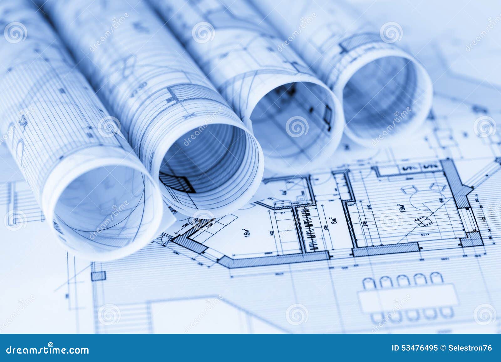 Rolls of Architecture Blueprints Stock Image - Image of real, home ...