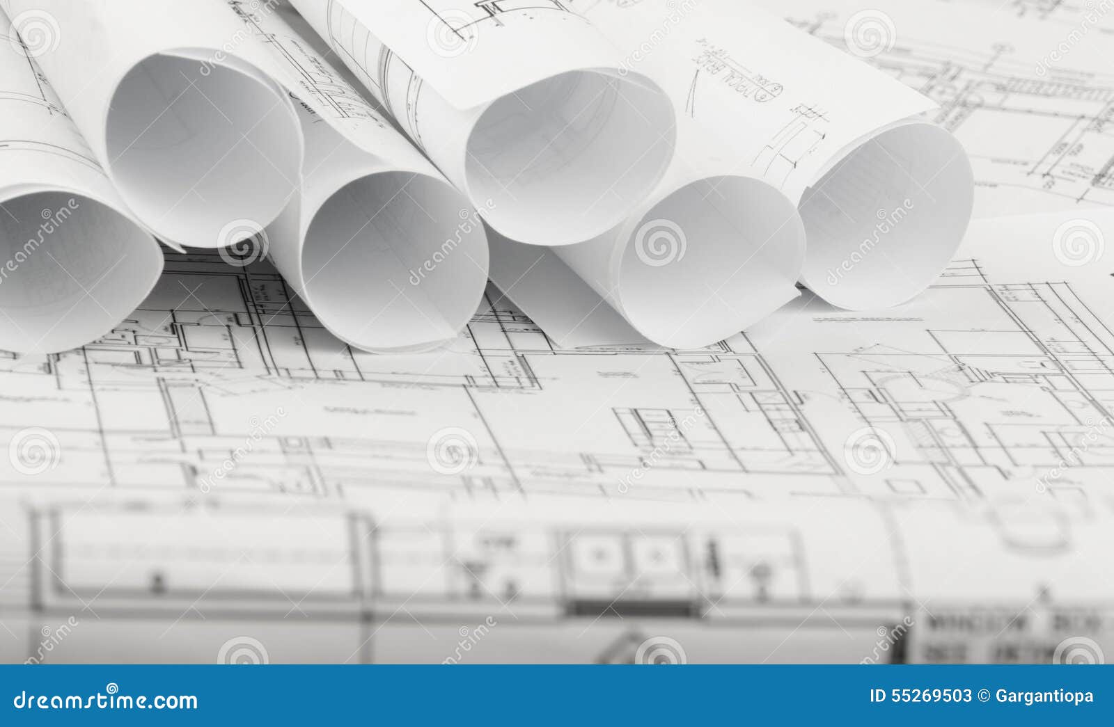 Rolls of Architecture Blueprints and House Plans Stock Image - Image of ...