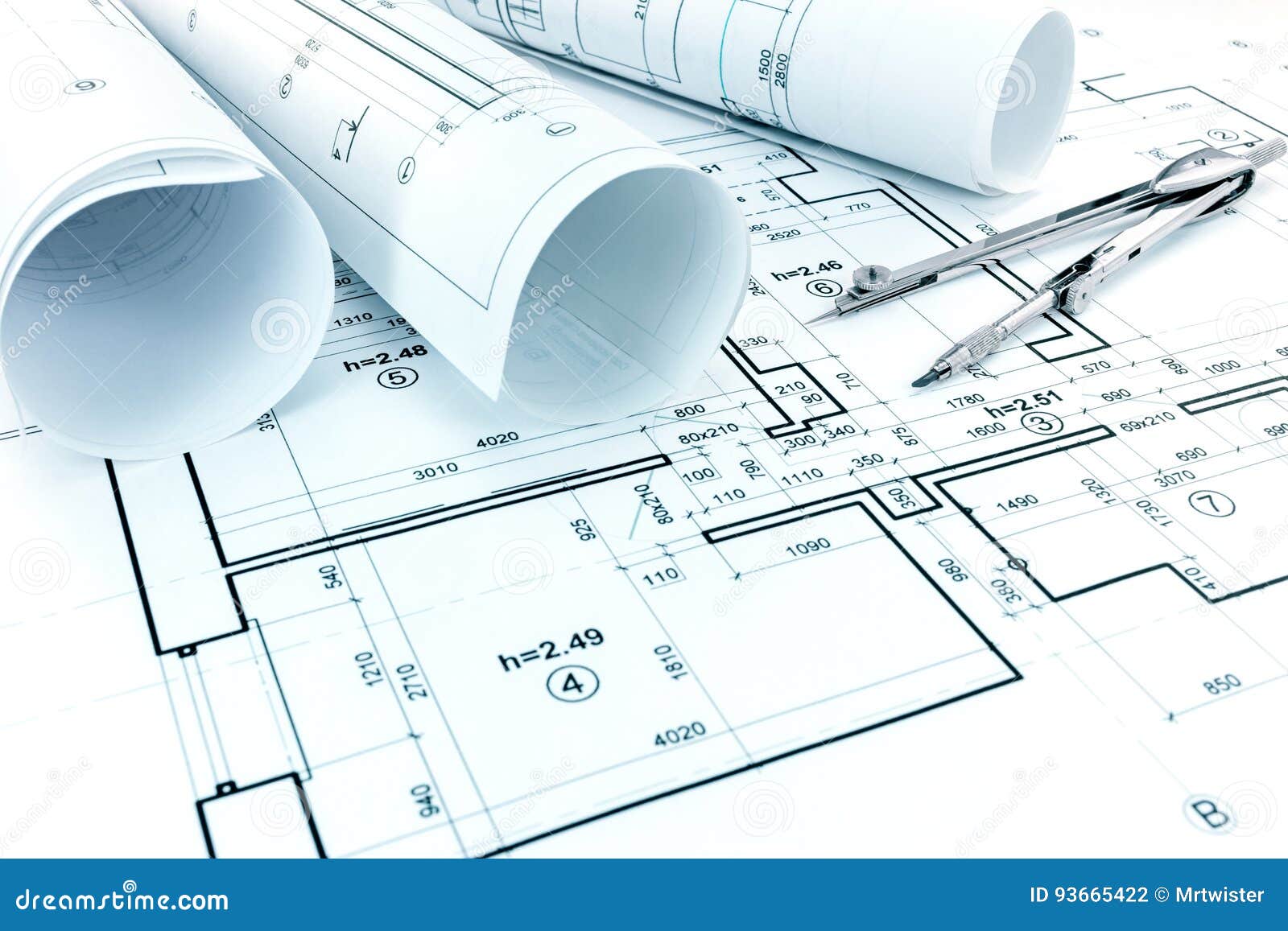 Blueprints Drawing Compass On Black Background Construction Conc ...