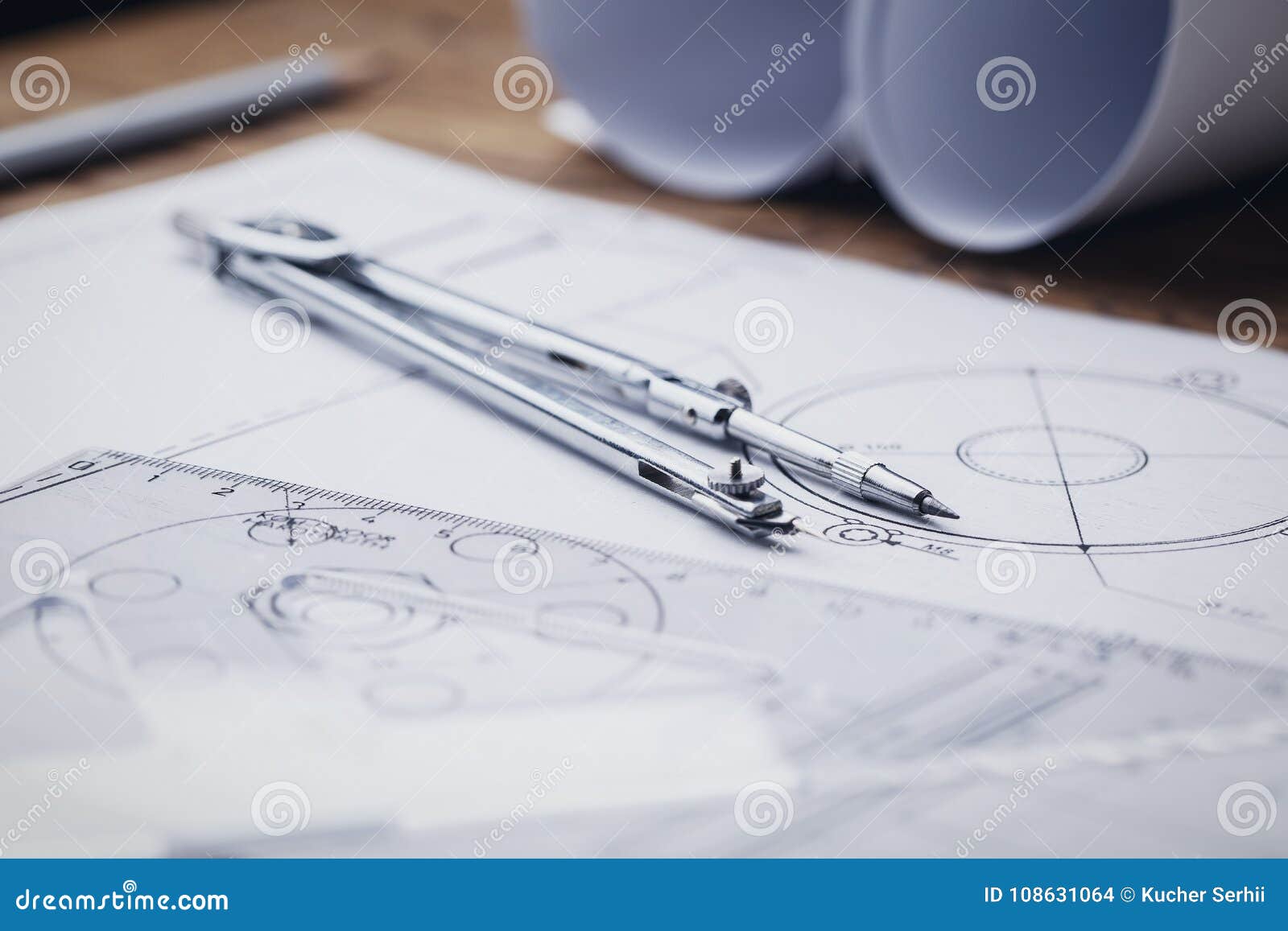 Blueprints Drawing Compass On Black Background Stock Photography ...