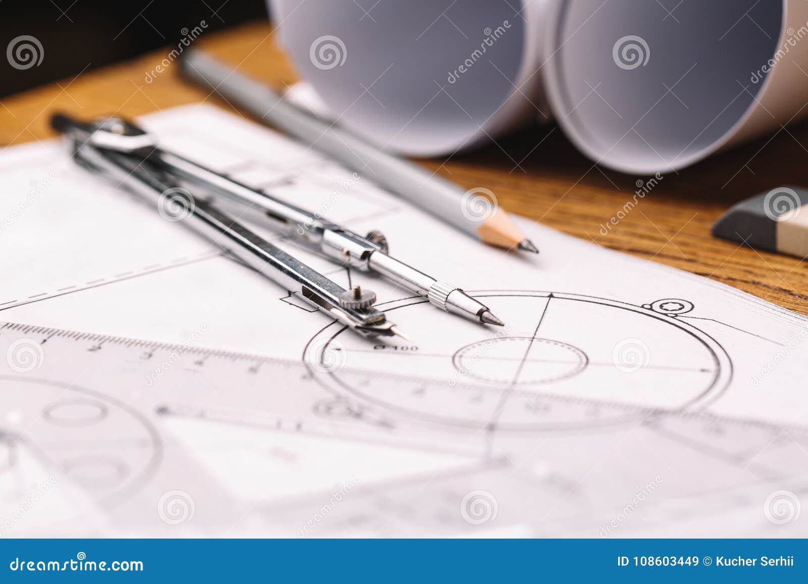 Blueprints Drawing Compass On Black Background Stock Photography ...