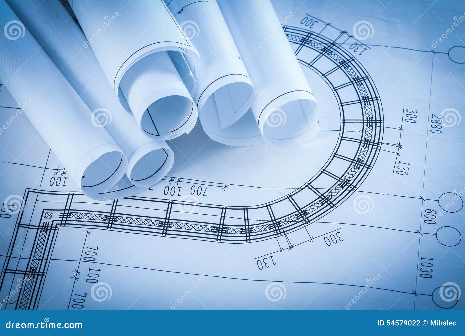 Rolls of Construction Blueprints Building and Stock Photo - Image of ...