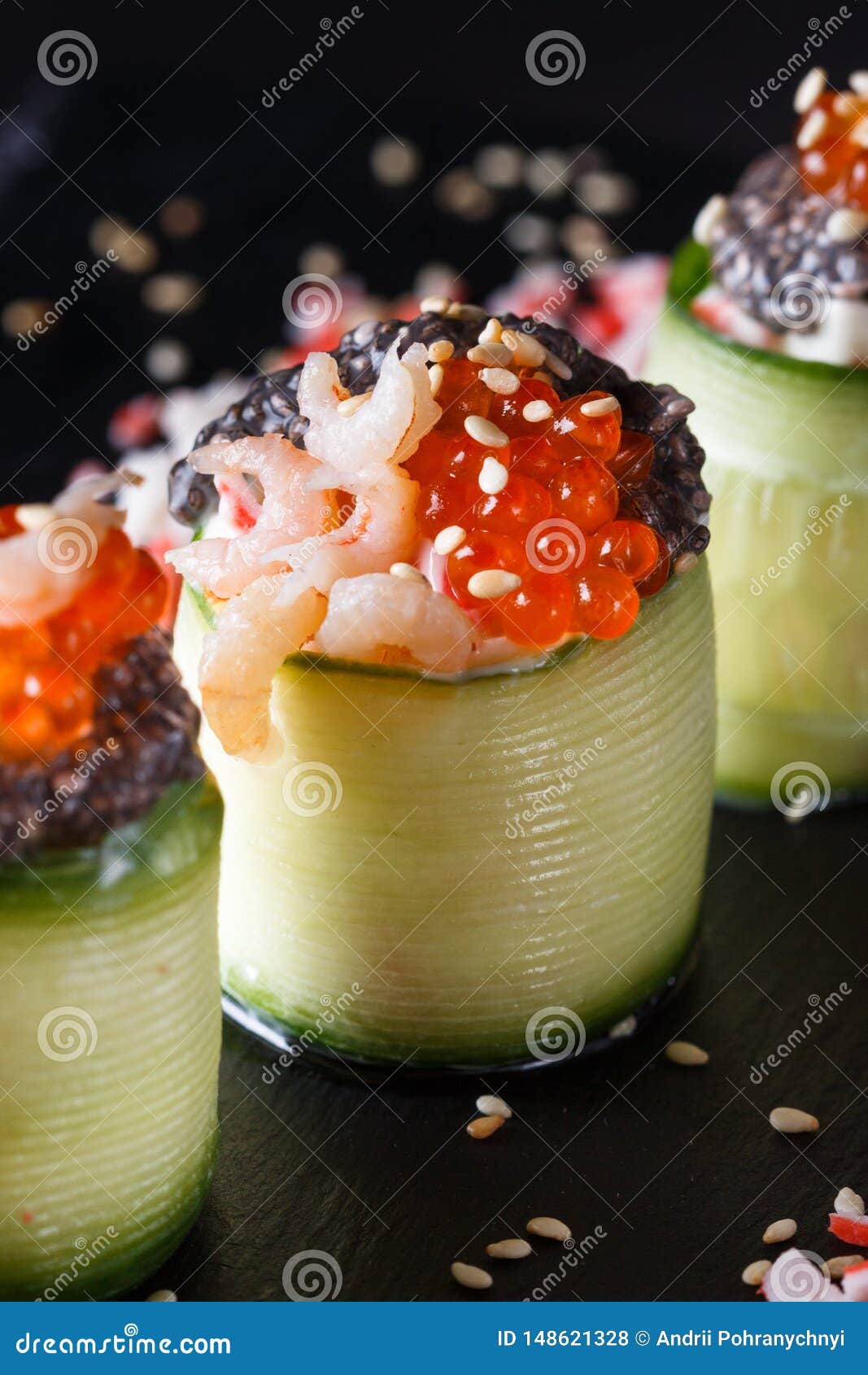 Rolls Covered in Cucumber with Caviar and Prawn Stock Photo - Image of ...
