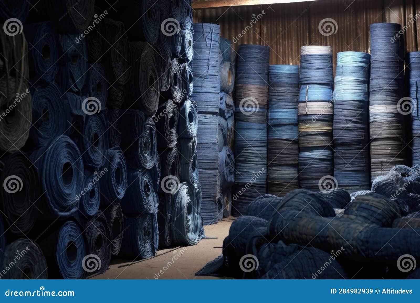 Rolls of Denim Fabric Stacked in a Warehouse Stock Image - Image of ...
