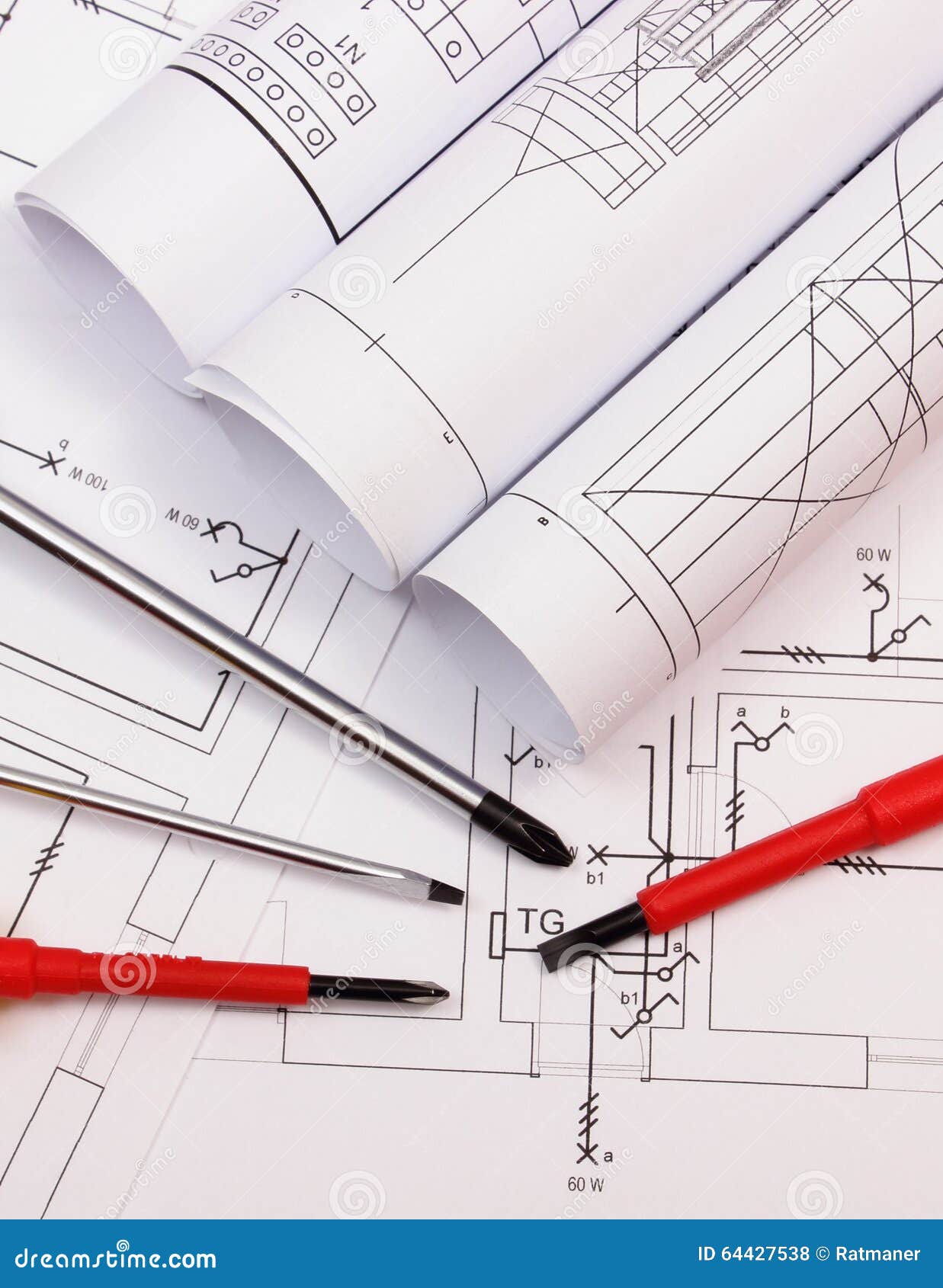Rolls of Diagrams and Work Tools on Electrical Construction Drawing of ...